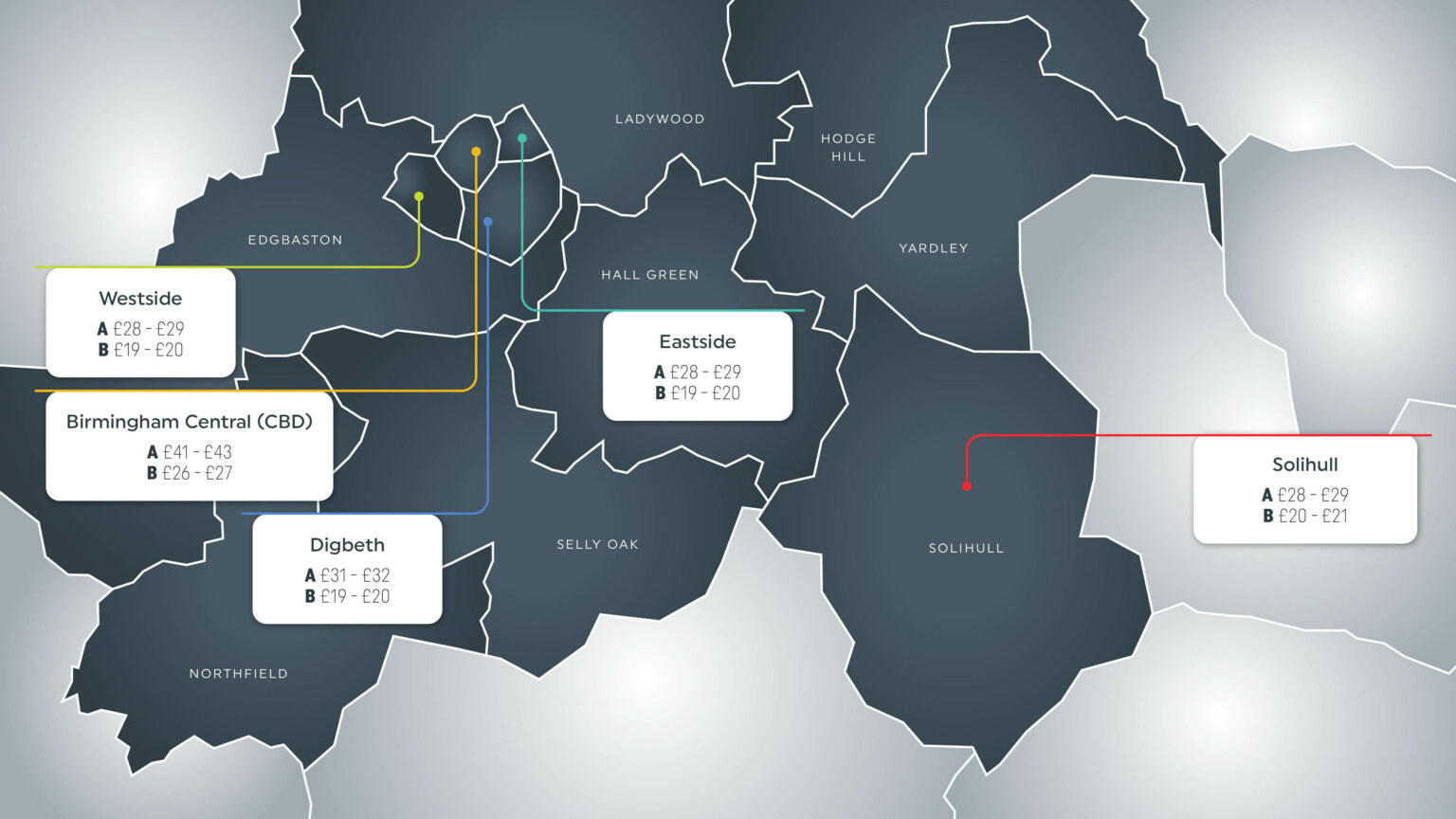 Map of the costs of office space in Birmingham